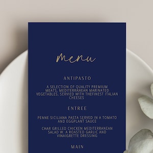 Navy Blue Menu Template Add Guest Names, Modern Wedding Place Card ...