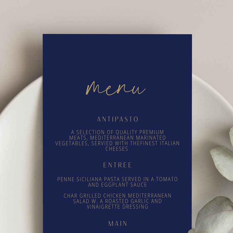 Navy Blue Menu Template Add Guest Names, Modern Wedding Place Card ...
