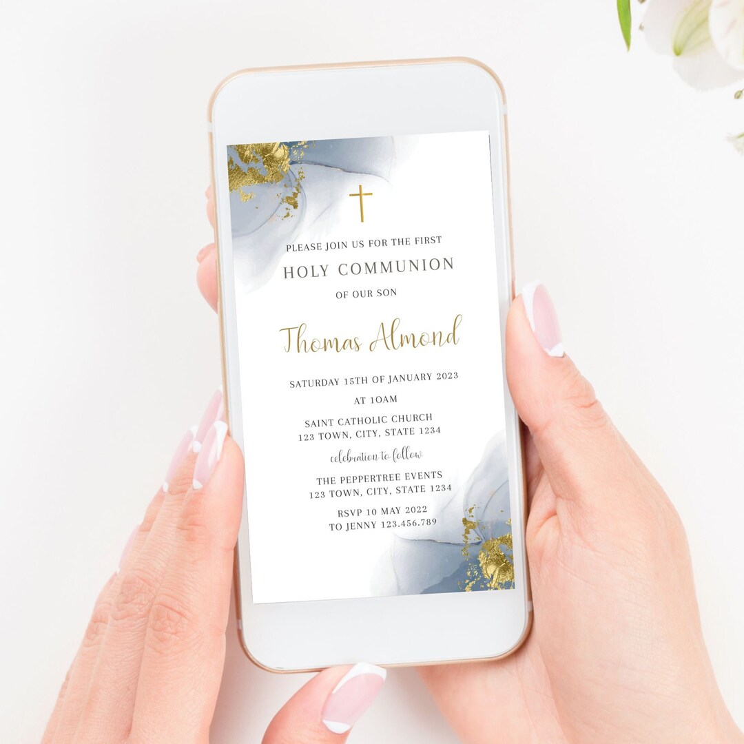First Communion Invitation, Boy Communion Invitation Template, Blue ...