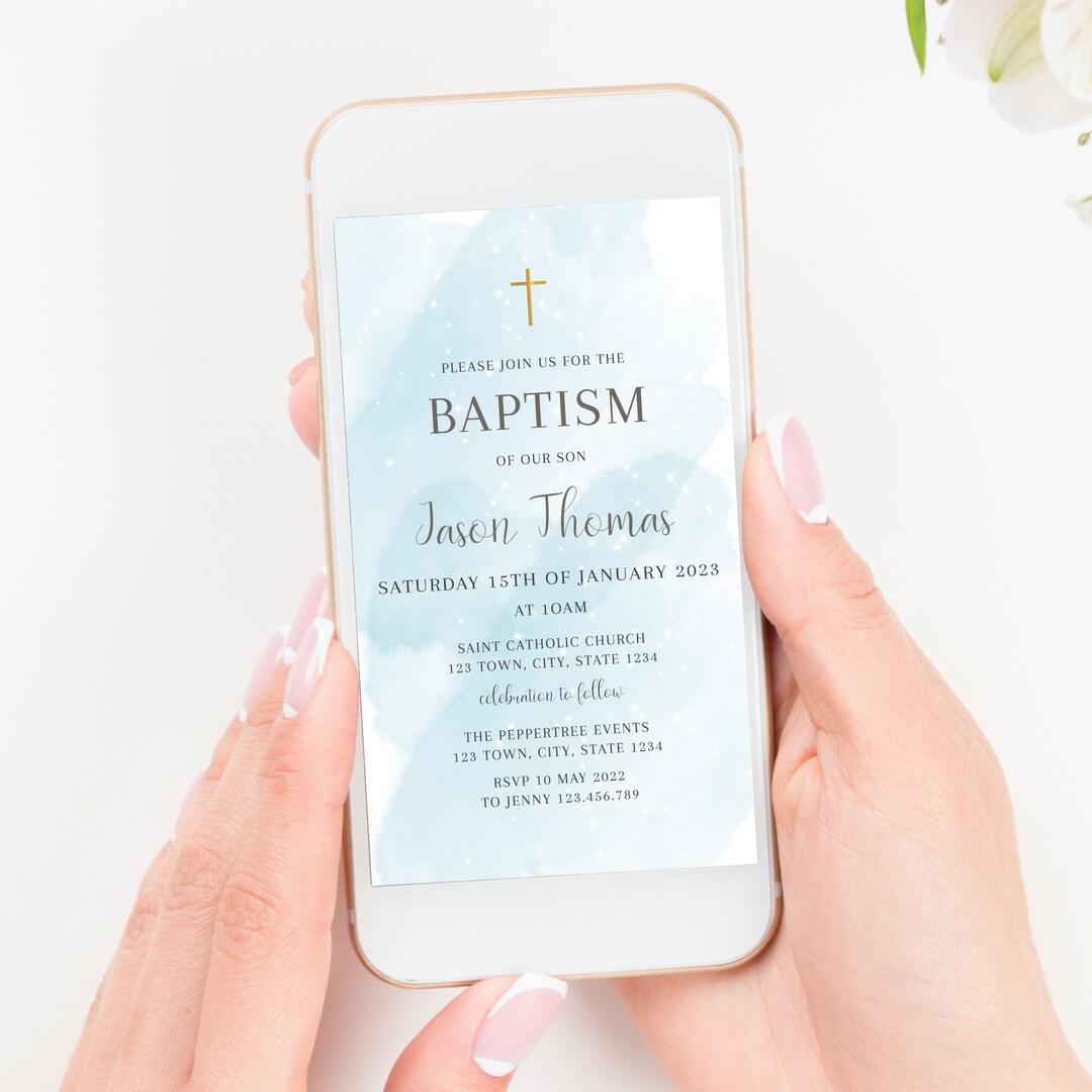 Modern Christening Invitation, Boy Baptism Invitation Template, Blue ...