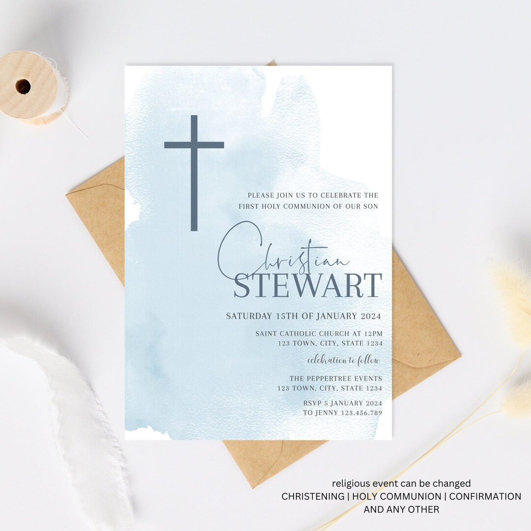 Boy Holy Communion Invitation Template, Blue Communion Invite Template ...