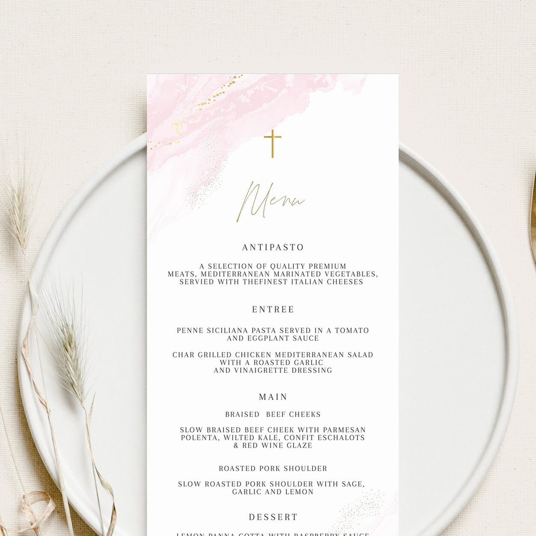 Pink Baptism Menu, Gold Pink Christening Menu, Religious Menu for ...
