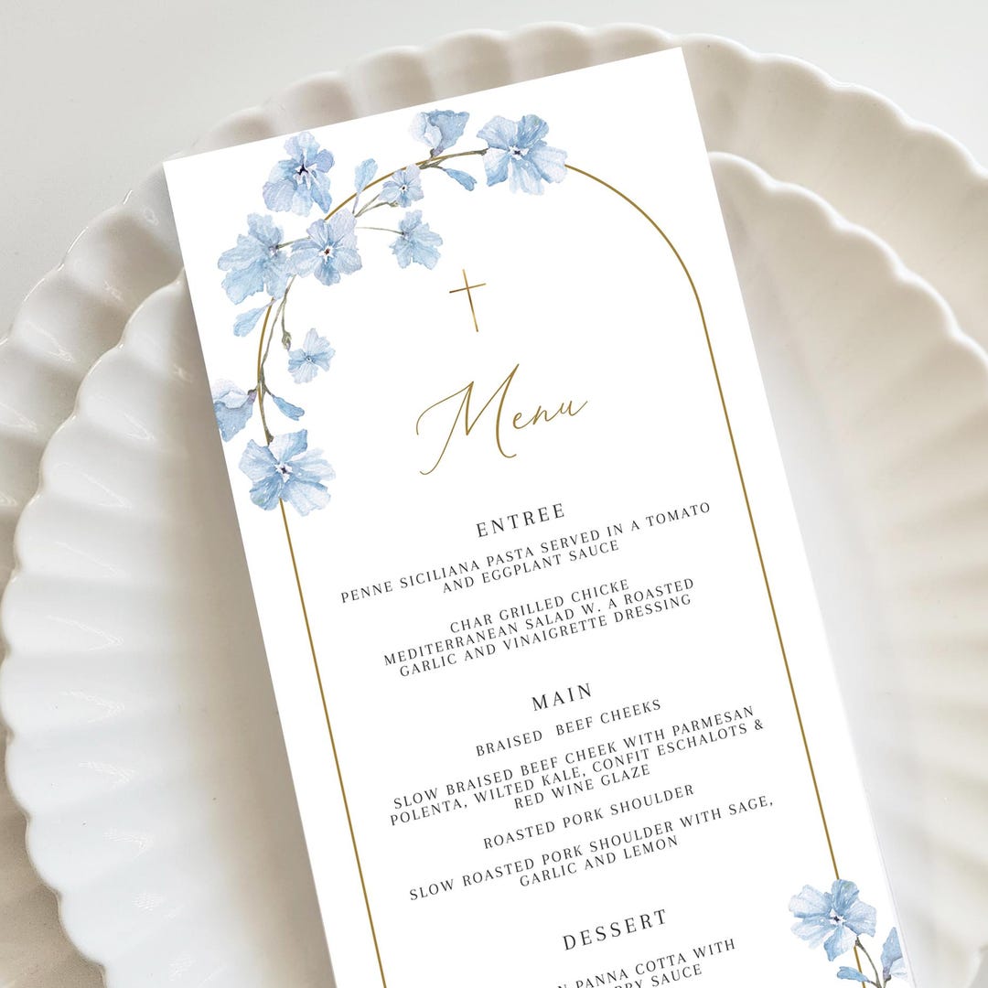 Blue Baptism Menu, Floral Blue Christening Menu, Religious Menu for ...