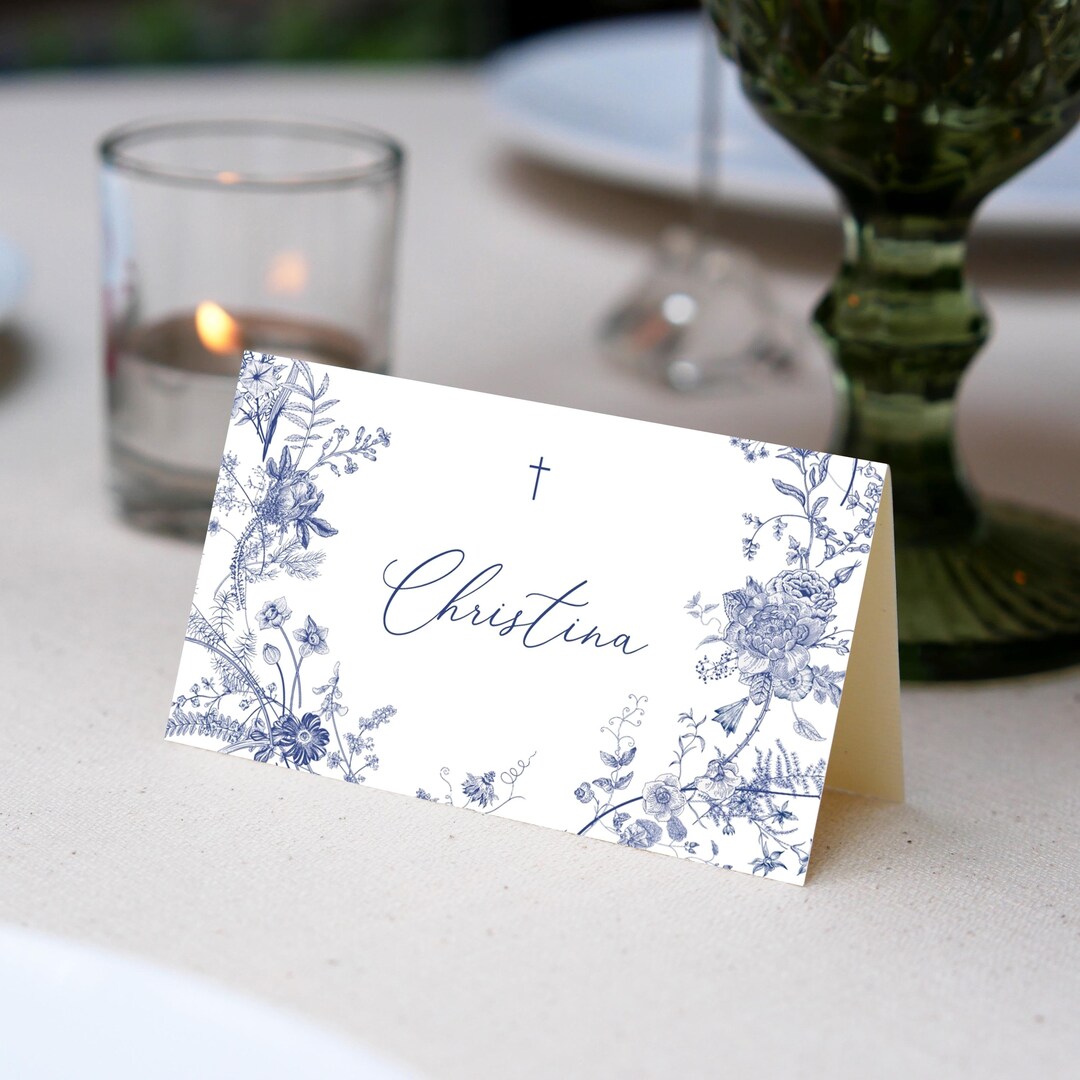 Blue Flower Editable Place Card Template, 3.5x2" Folded and Flat ...