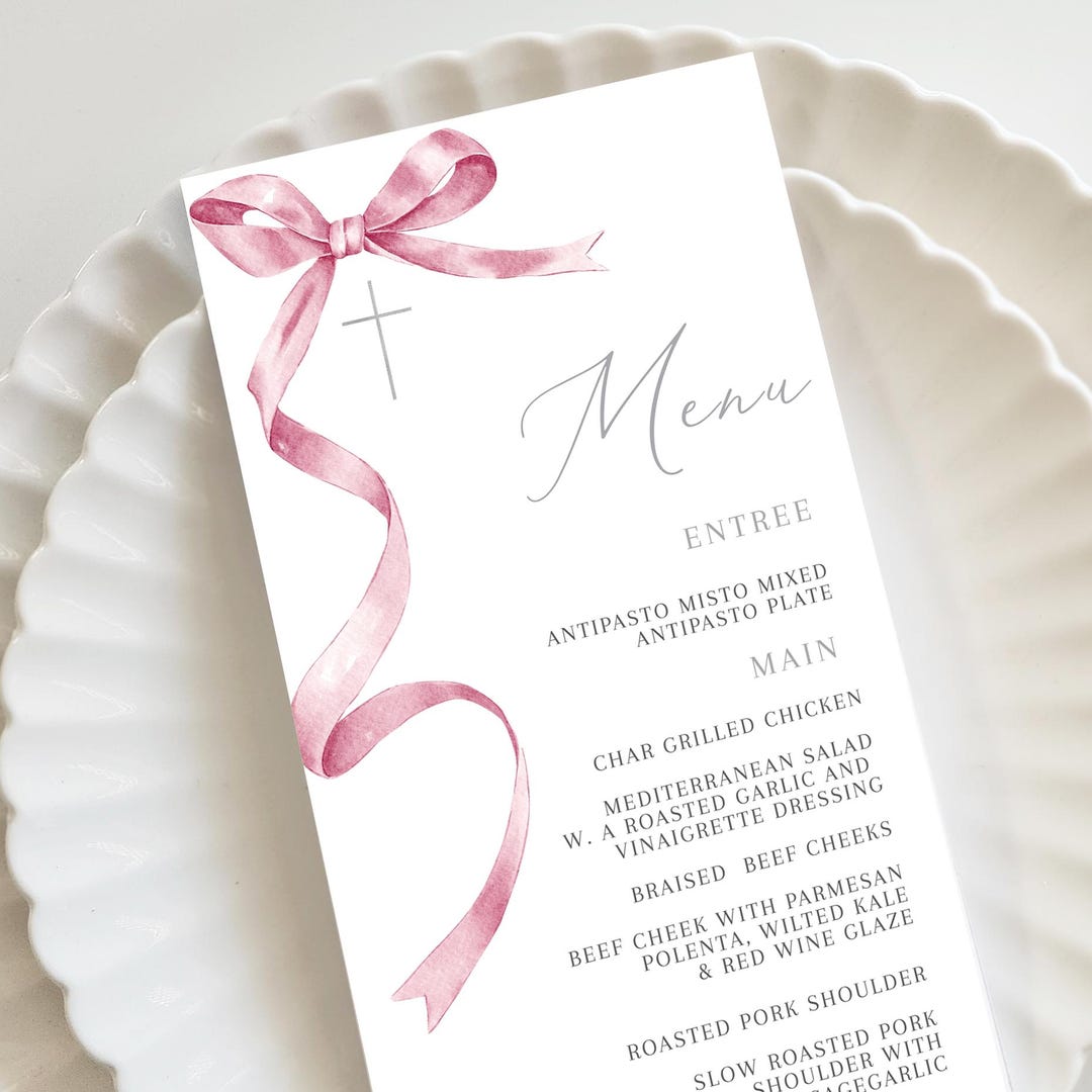 Pink Baptism Menu, Silver Pink Christening Menu, Religious Menu for ...