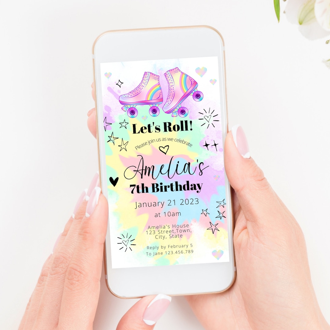 Roller Skate Invitation, Let's Roll, Tie Dye Roller Skating Birthday ...