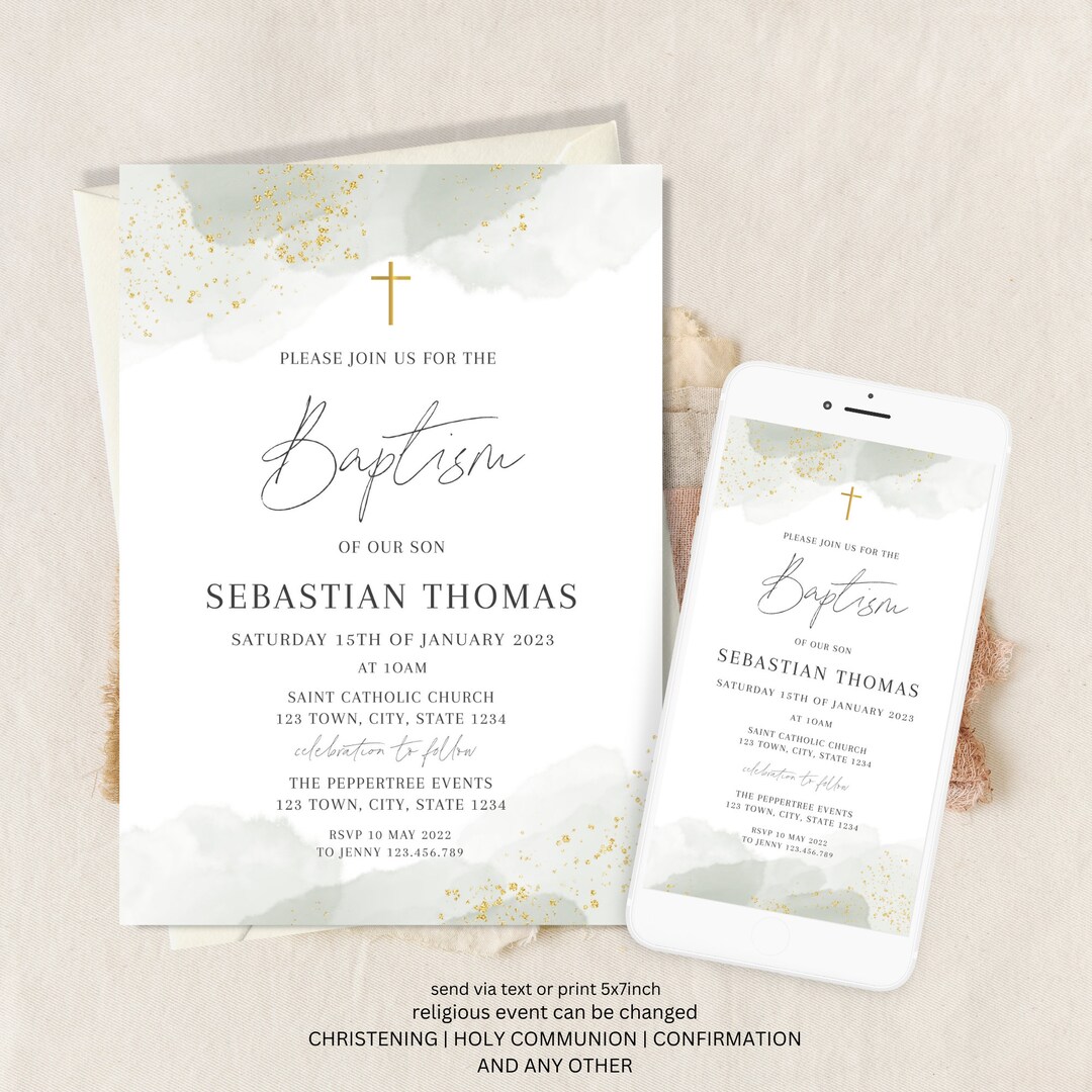 Green Baptism Invitation Template for Boy, Sage Green Baptism Invitation, Green Christening ...