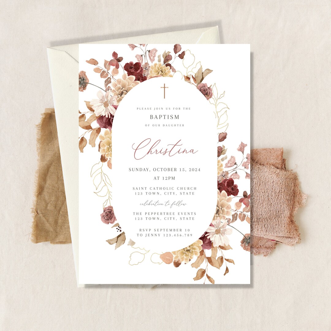 Fall Baptism Invitation Girl, Dusty Pink Christening Invitation ...