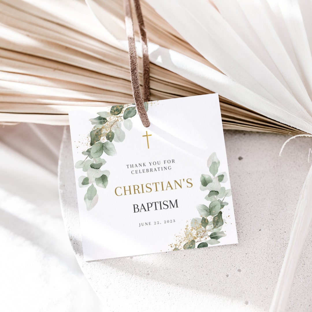 Green Baptism Favor Tag Template, Eucalyptus Green Thank You Tag for ...