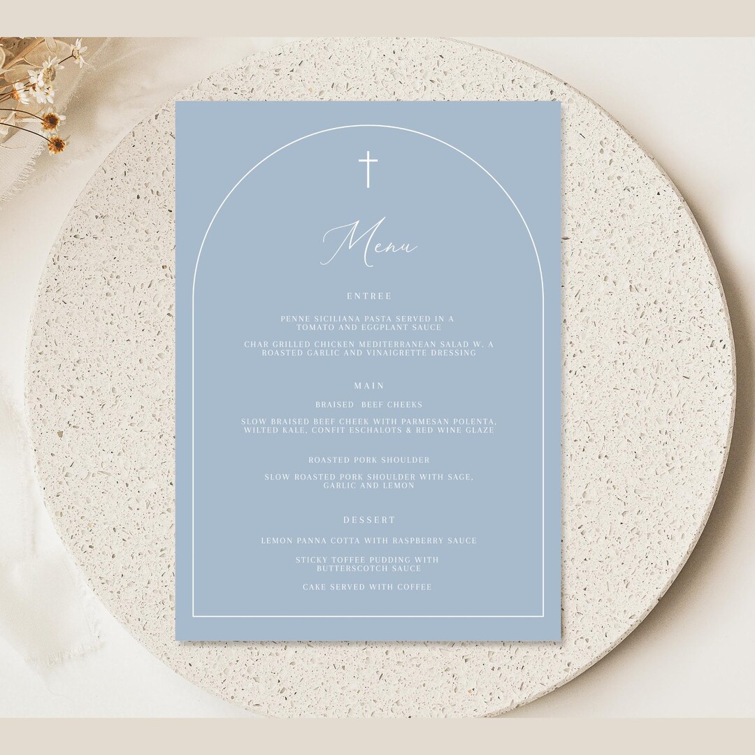 Dusty Blue Baptism Menu Template, Blue Christening Menu, Modern Menu ...