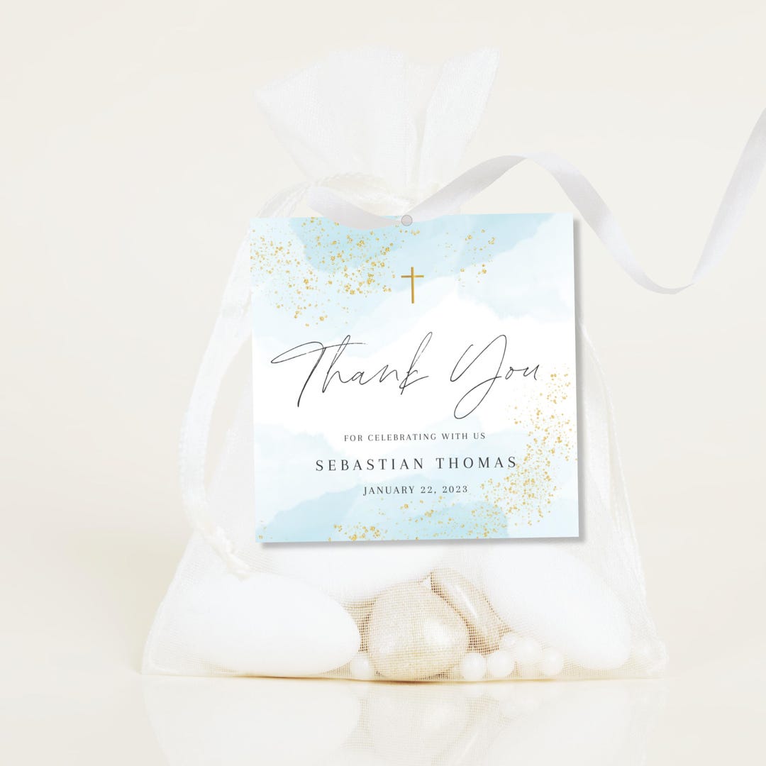Light Blue Baptism Tag Template, Modern Thank You Tag, Gold, Thank You ...