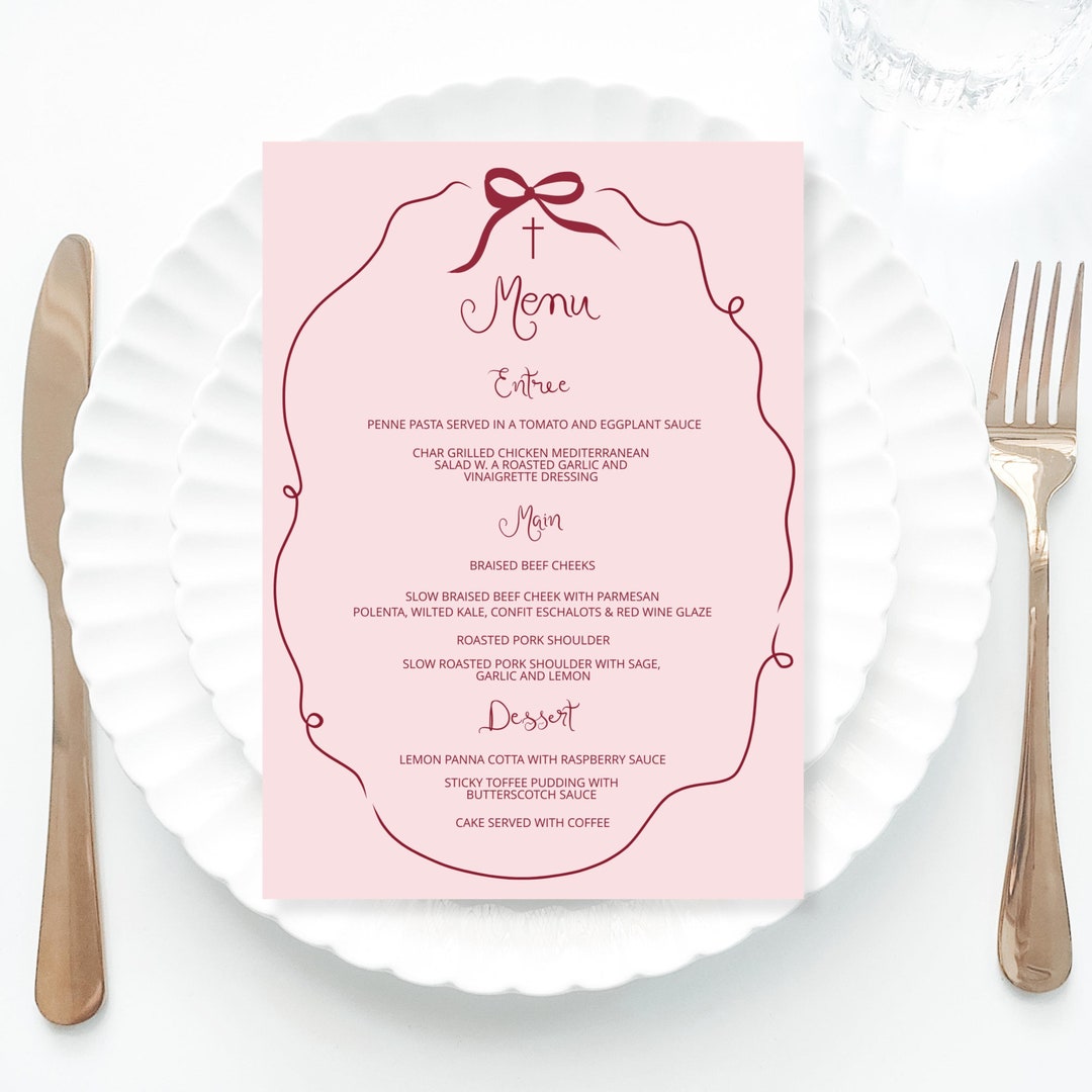 Pink Baptism Menu, Whimsical Christening Menu, Religious Menu for ...