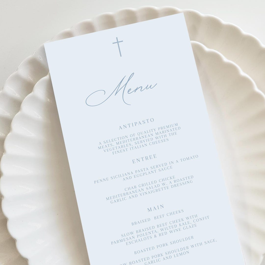 Dusty Blue Baptism Menu Template, Baptism Blue Menu, Modern Menu ...