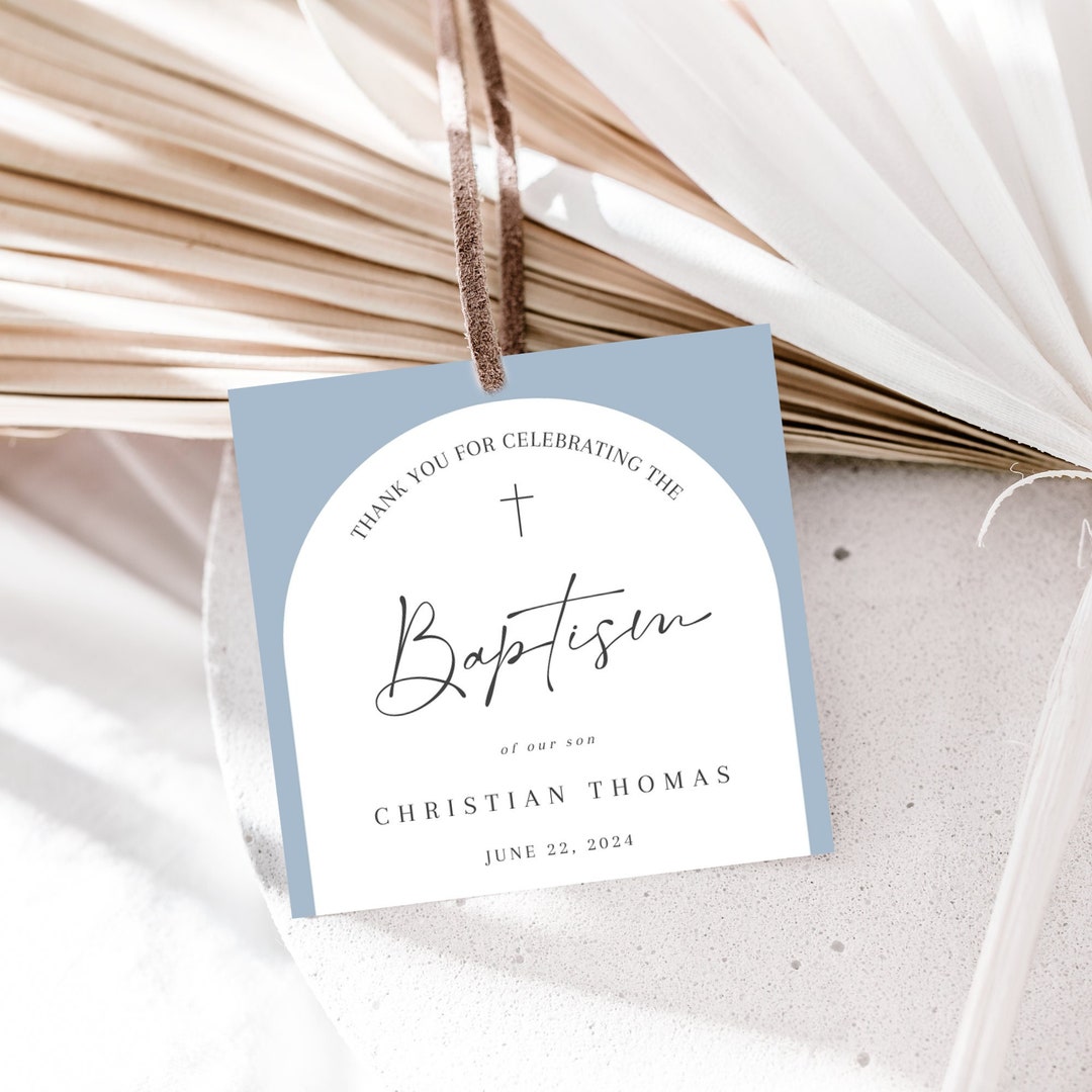 Dusty Blue Baptism Favor Tag Template, Printable Christening Gift Tags ...