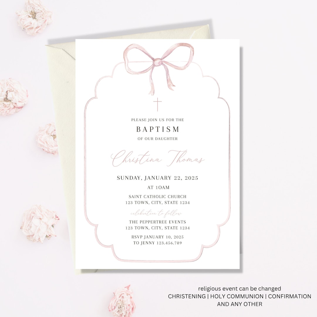 Dusty Pink Baptism Invitation Girl, Christening Invitation, Pink Bow ...