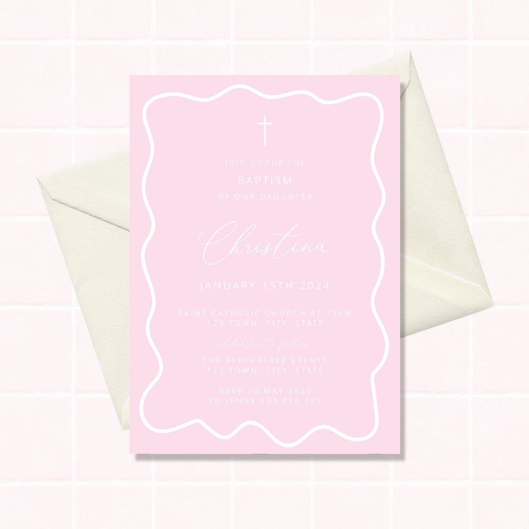 Baptism Invitation Girl, Christening Invitation, Wave Pink Modern ...