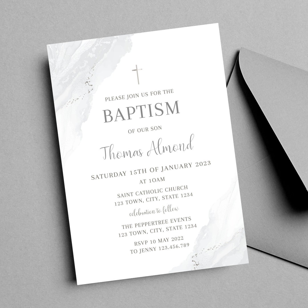 Modern Christening Invitation, Boy Baptism Invitation Template, Silver ...