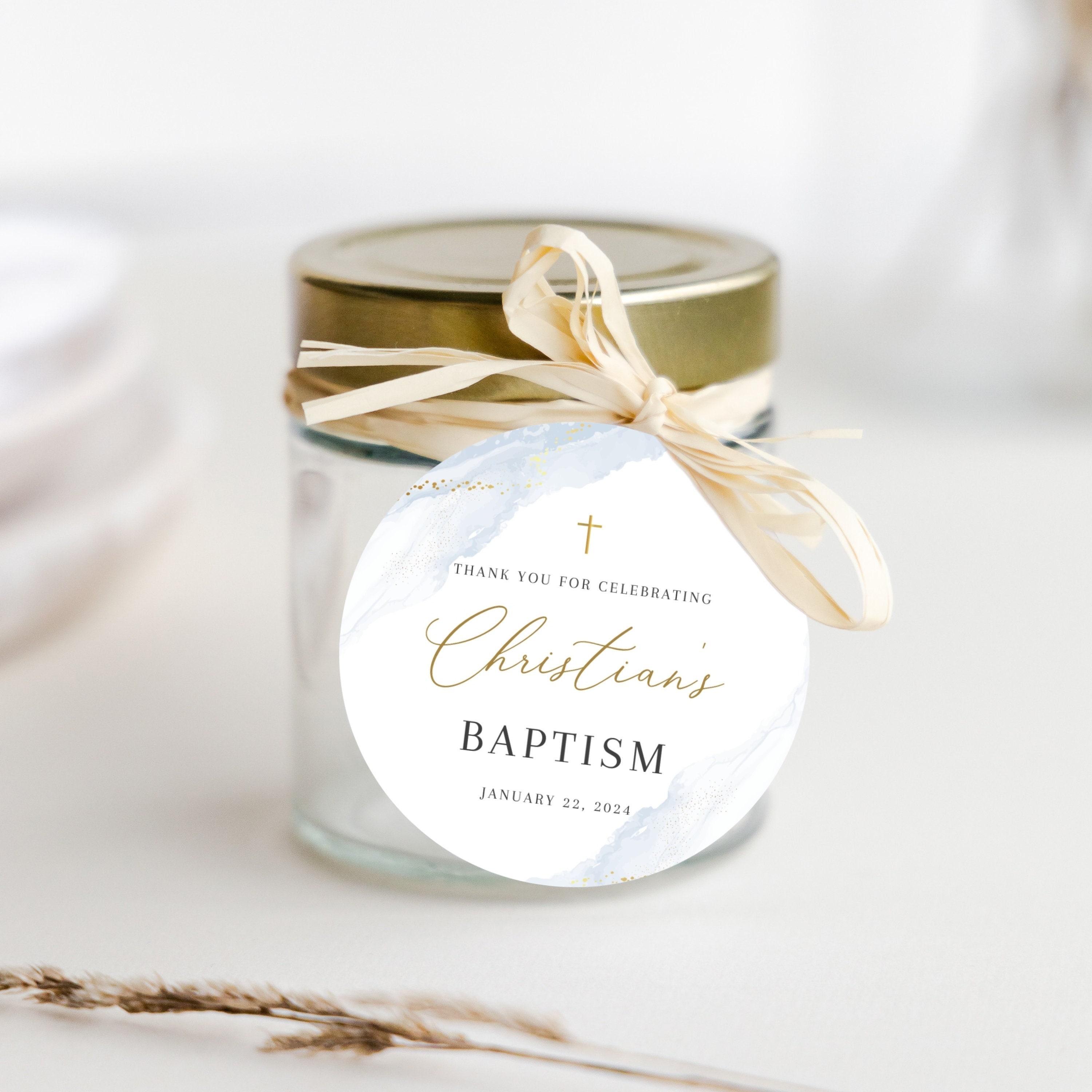 Blue Baptism Favor Tag Template, Thank You Tag, Sticker Favor Tag ...