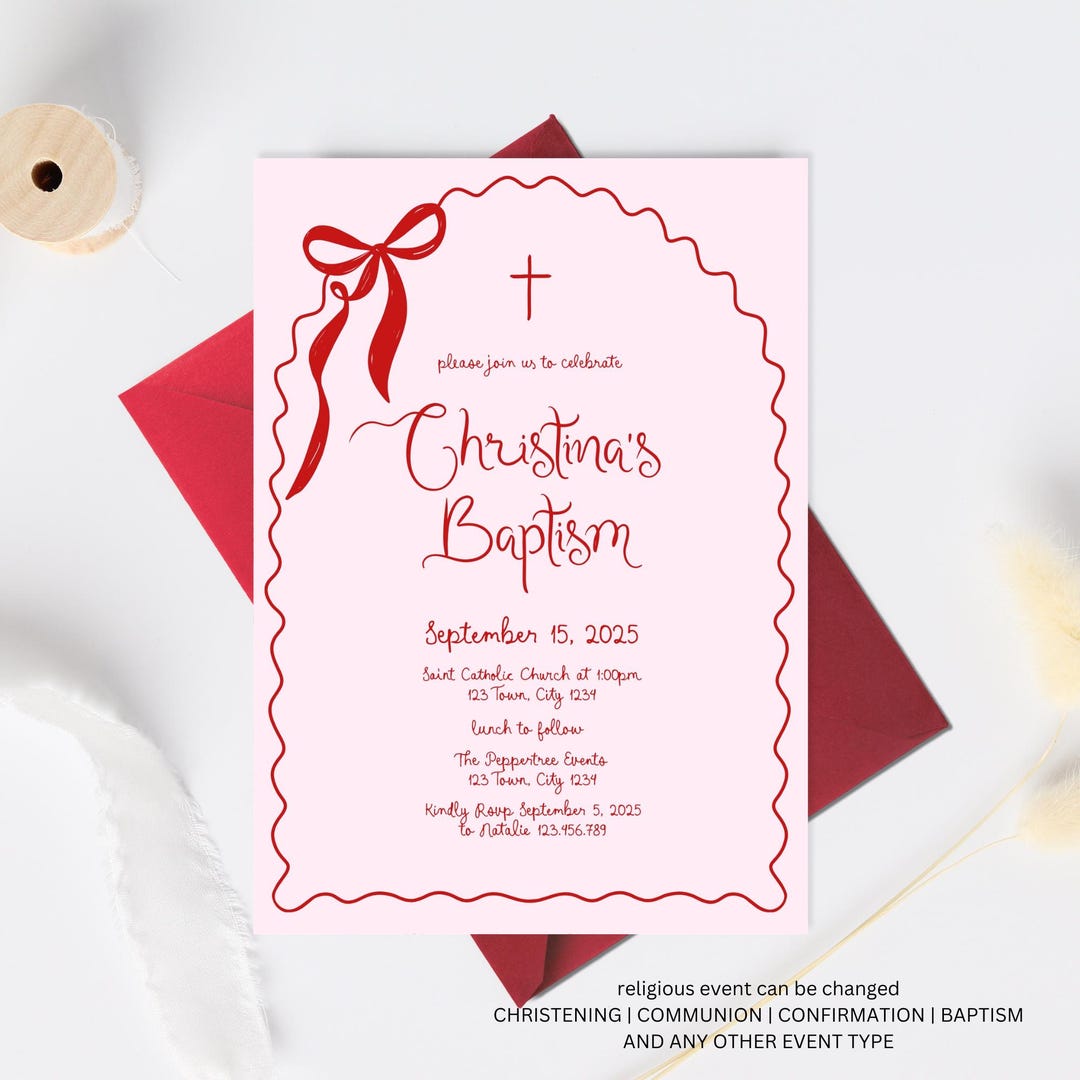 Red Baptism Invitation Girl, Pink Christening Invitation, Whimsical Bow ...