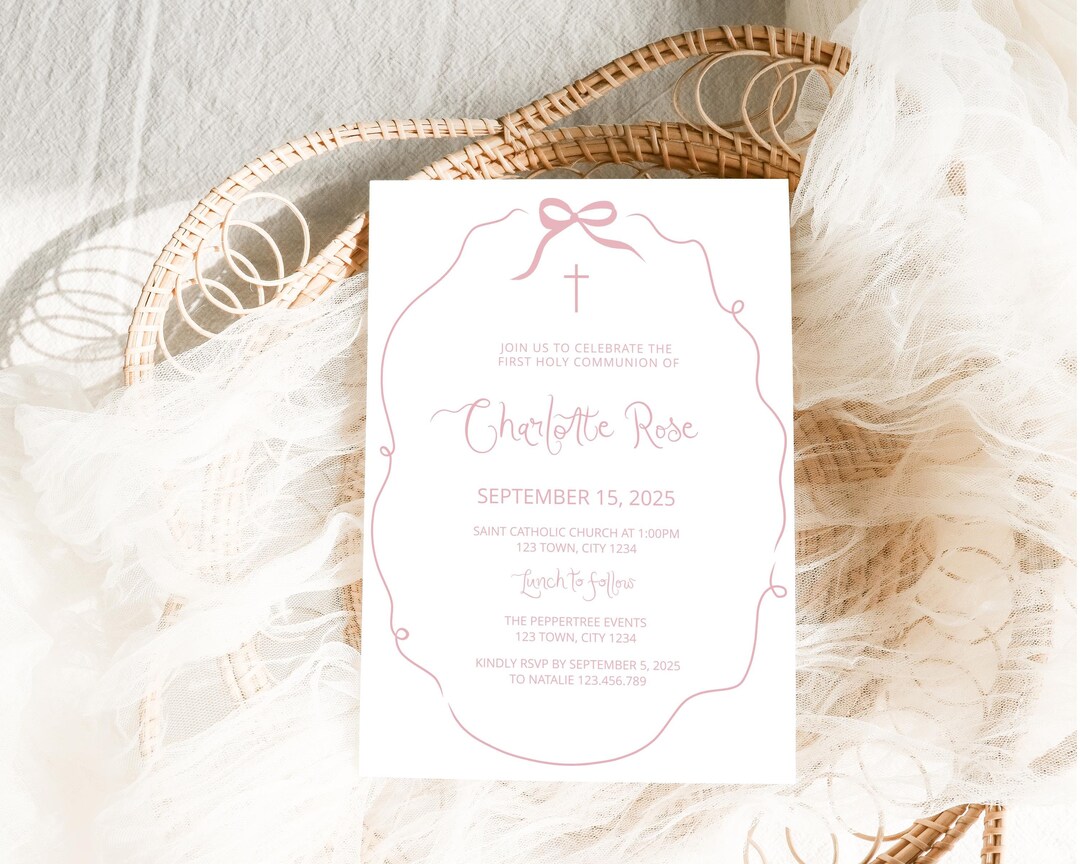 Pink Holy Communion Invitation for Girl, Christening Invite With Bow ...