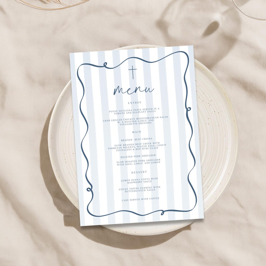 Blue Baptism Menu Template, Blue Christening Menu, Modern Blue Stripe ...