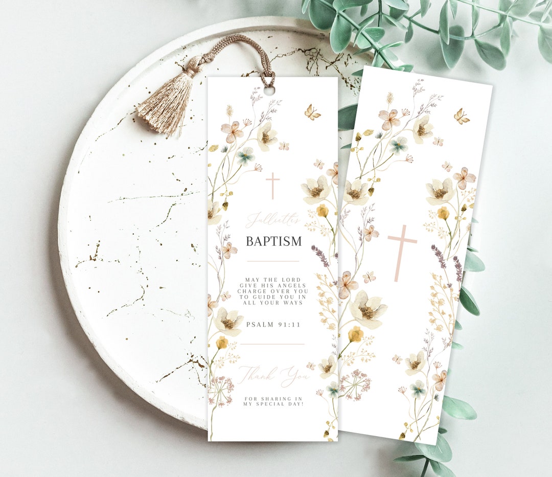 Baptism Bookmark Template, Personalized Baptism Bookmark, Wildflower ...