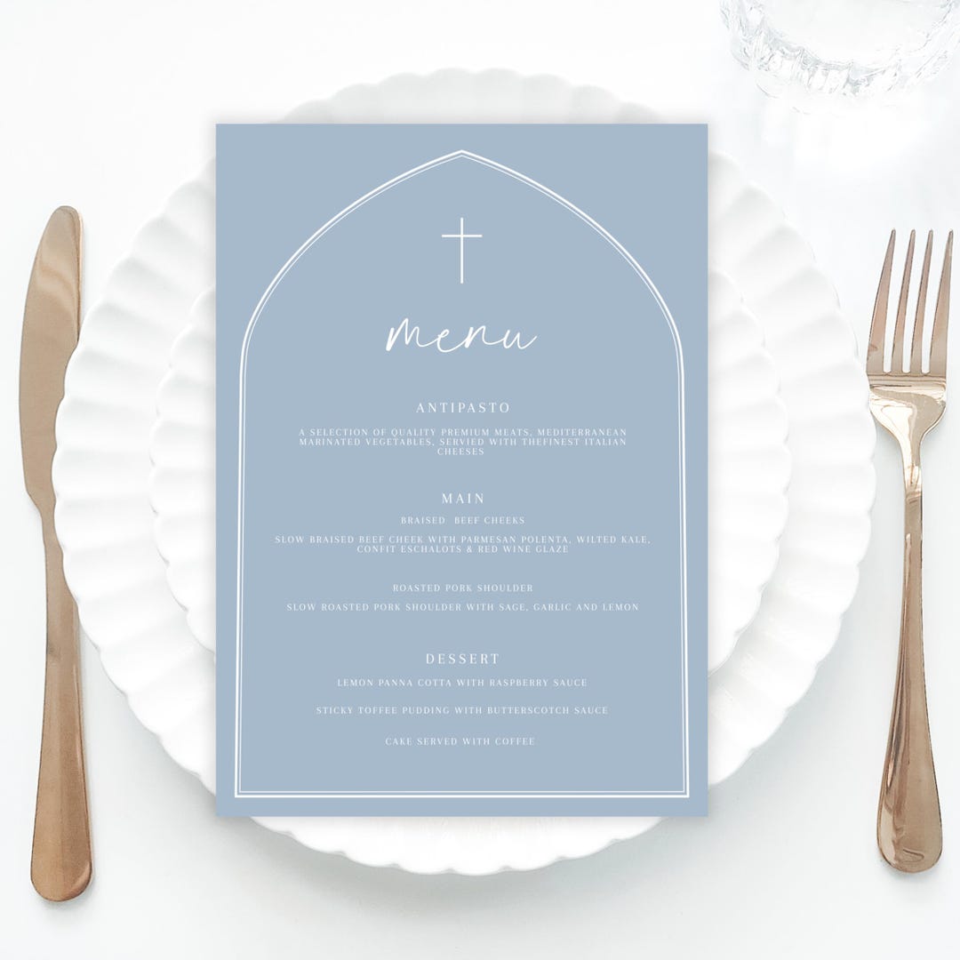 Dusty Blue Baptism Menu Template, Blue Christening Menu, Modern Menu ...