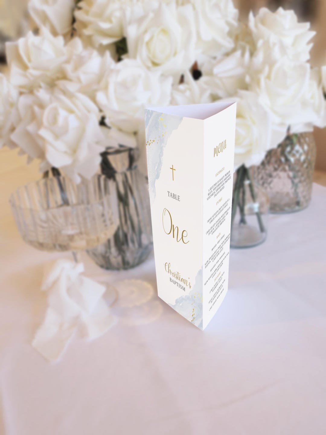 Blue Baptism Menu Template, Blue Tri Fold Menu, Baptism Table Numbers ...