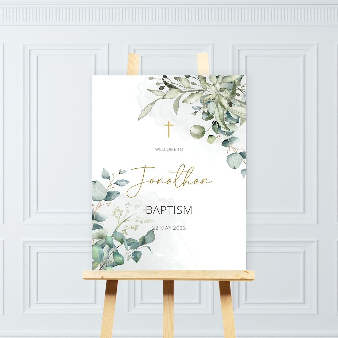 Green Eucalyptus WELCOME POSTER Seating Editable Gold White Baptism ...