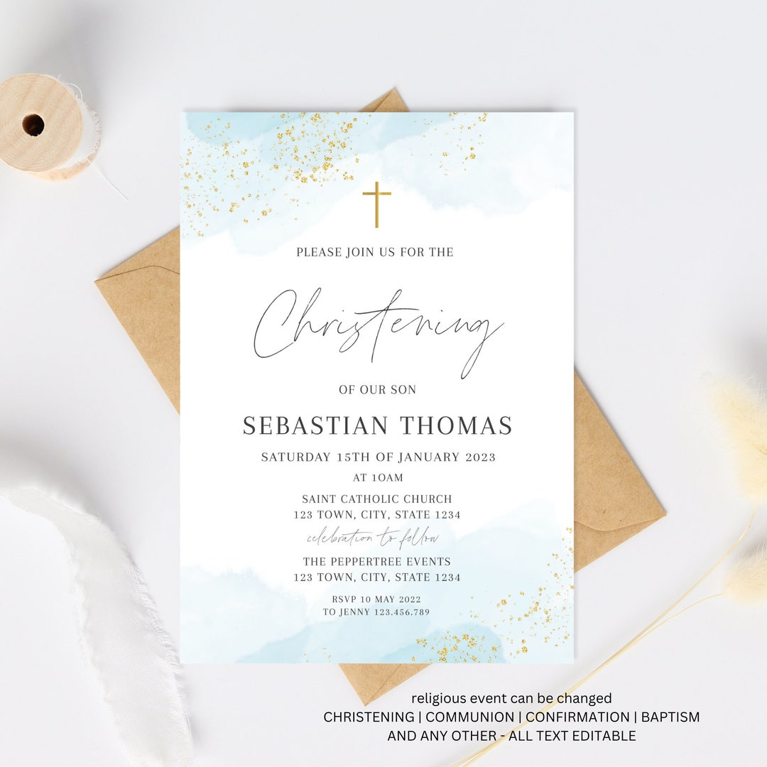 Christening Invitation Boy Template, Printable Light Baby Blue ...