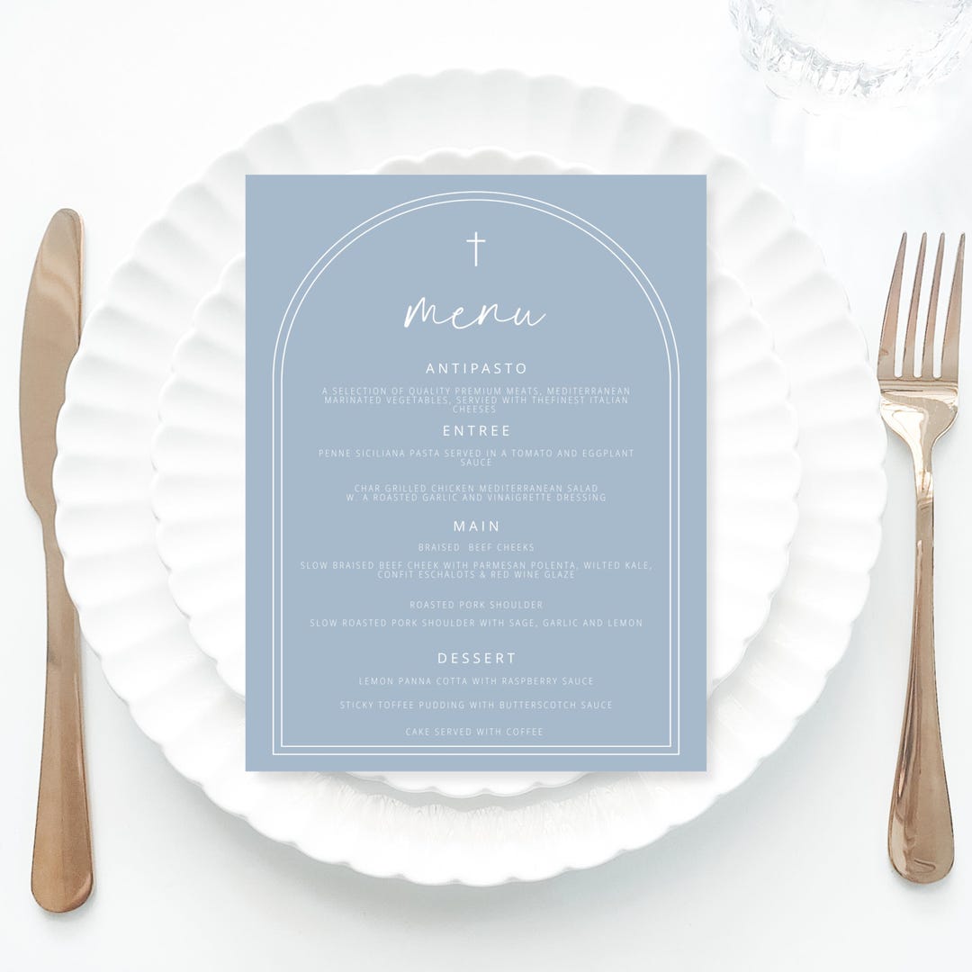 Elegant Arch Baptism Menu, Dusty Blue Baptism Table Decor, Christening ...