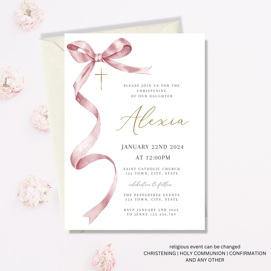 Pink Christening Invitation Girl, Girl Christening Invitation Template ...
