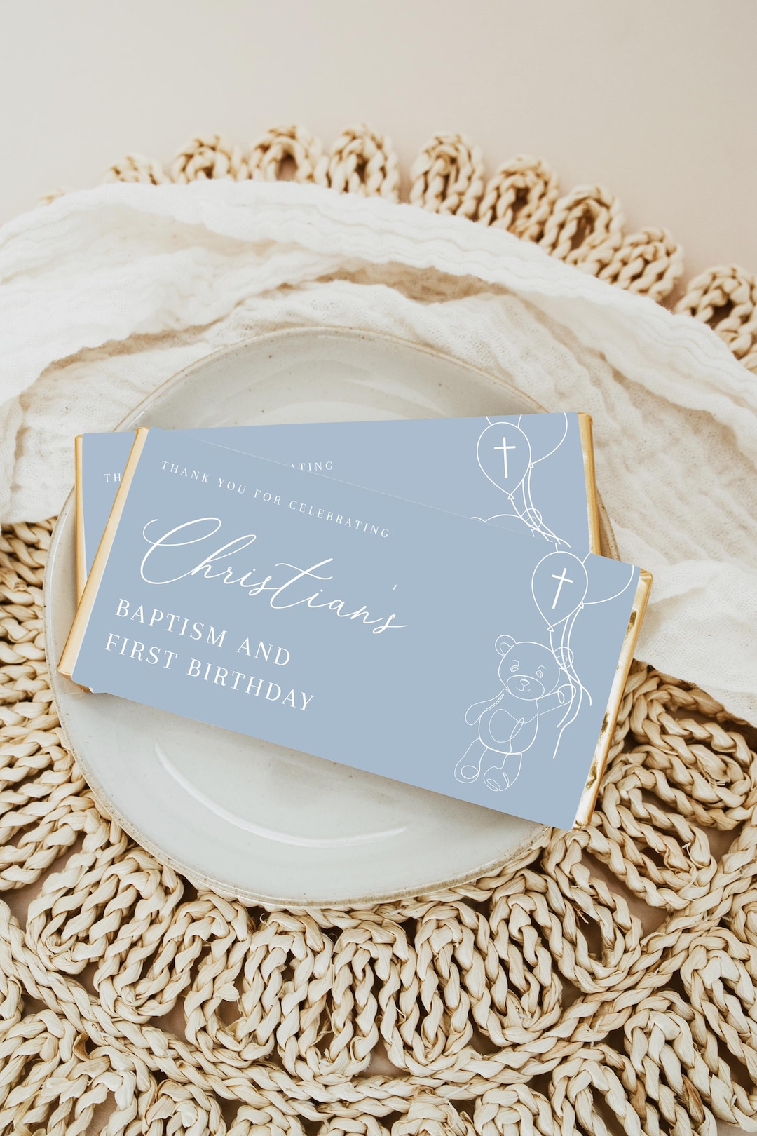 Dusty Blue Chocolate Bar Wrapper Template, Modern Baptism Candy Bar ...