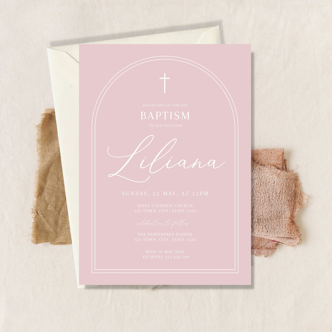 Pink Baptism Invitation Girl, Christening Invitation, Arch Baptism ...