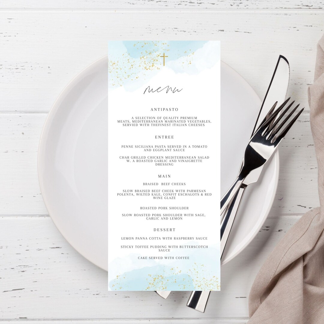 Light Blue and Gold Baptism Menu Template Add Guest Names, Modern ...