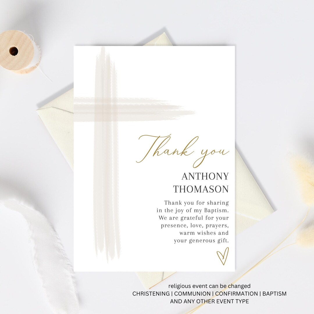 Boy Baptism Thank You Card, Christening Thank You, Neutral Beige Card ...