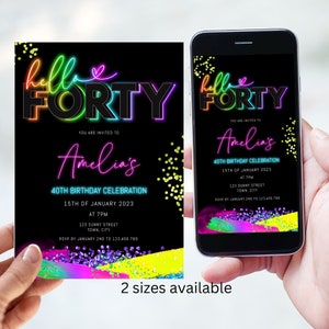 Neon Light Birthday Invitation, Glow Party, 40th Birthday, 80s Theme ...