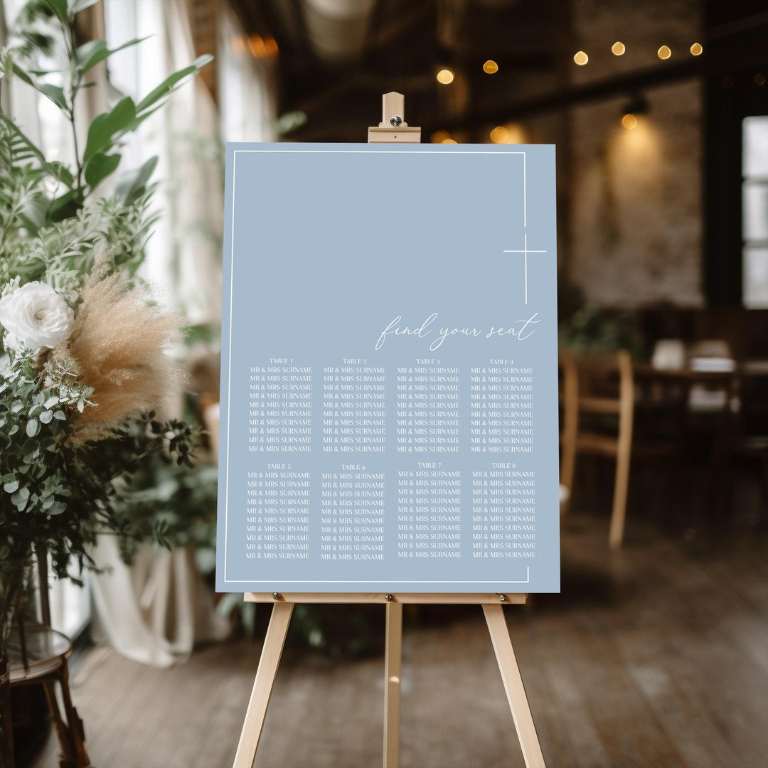 Dusty Blue Seating POSTER Editable Modern Seating Chart White Baptism ...