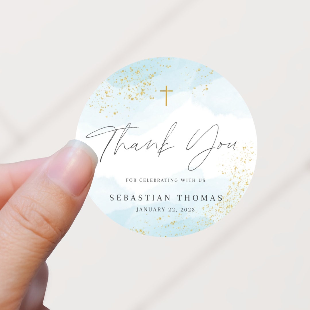 Light Blue Baptism Sticker Template, Modern Thank You Tag, Gold, Thank ...