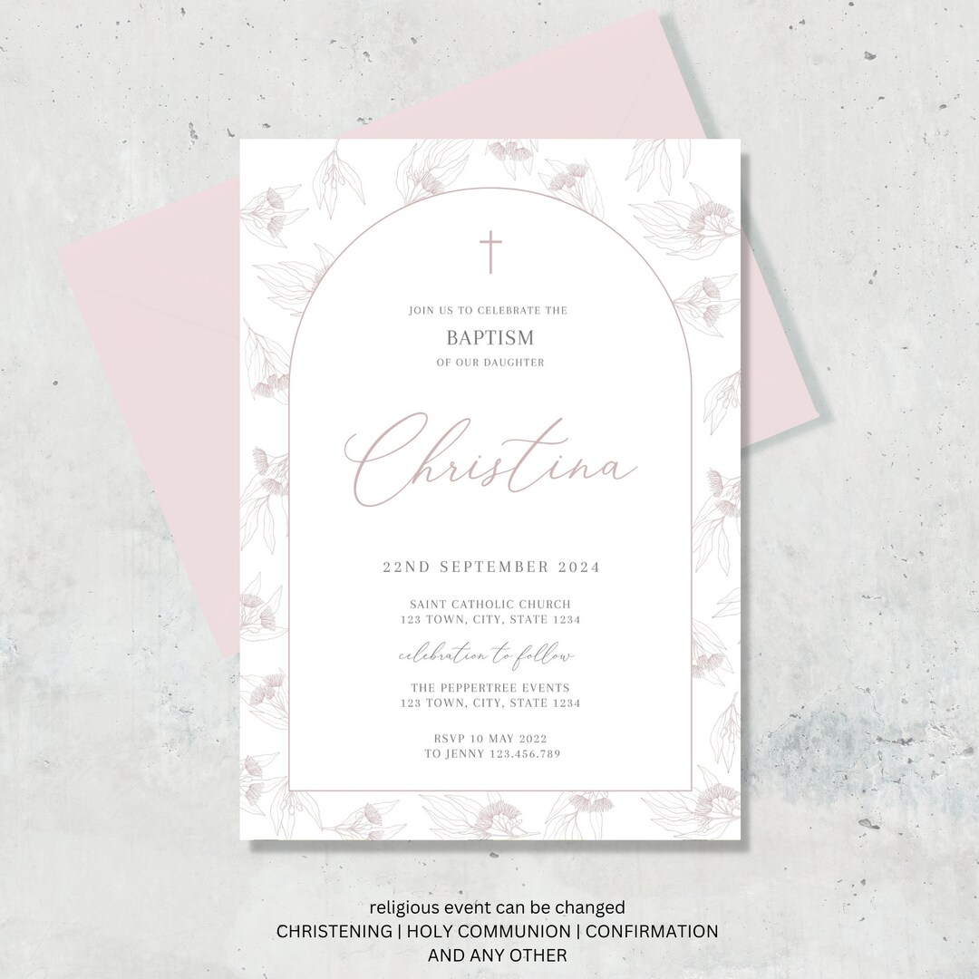Pink Baptism Invitation Girl, Christening Invitation, Pink Girl Invite ...