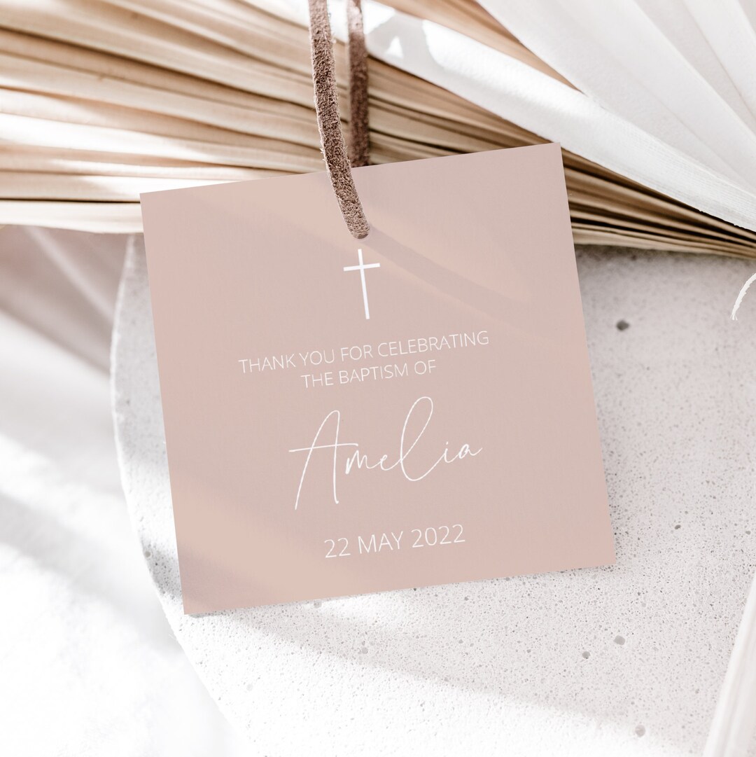 Dusty Pink Baptism Favor Tag Template, Modern Thank You Tag, Dusty ...