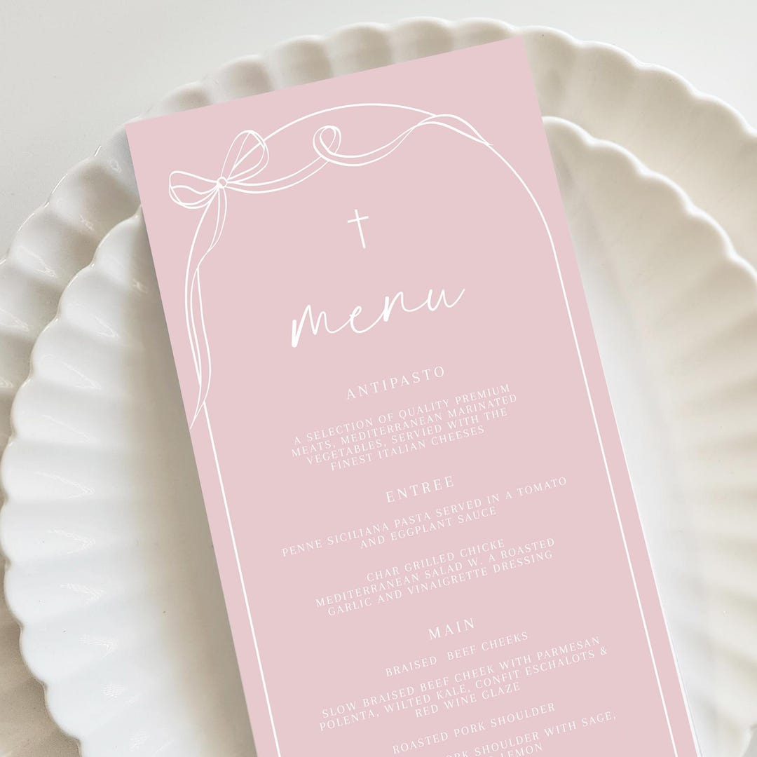 Bow Pink Menu Template Baptism Decor, Modern Pink Arch Baptism Menu ...