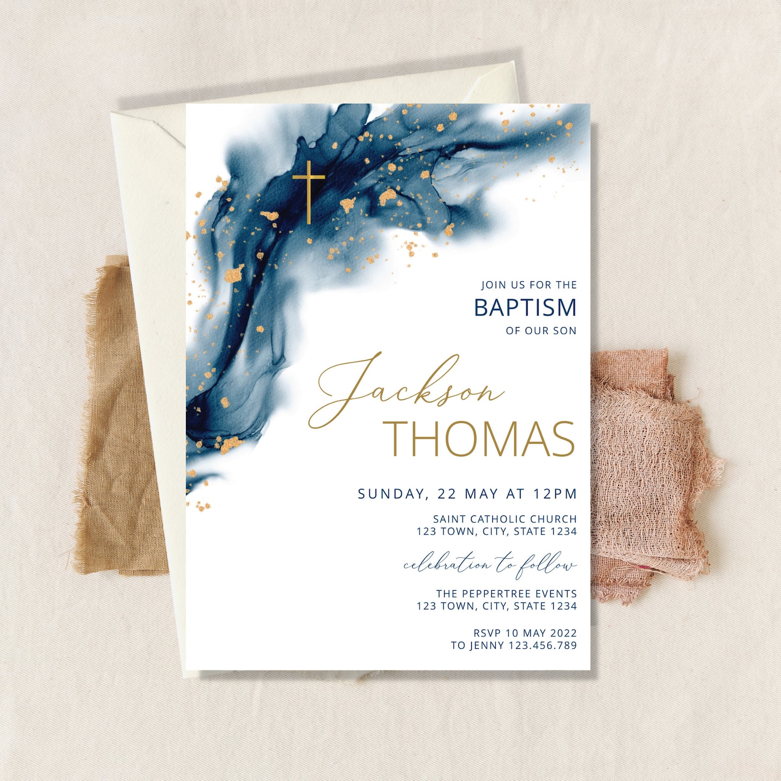 Navy Blue Boy Baptism Invitation, Christening Boy Invitation Template ...