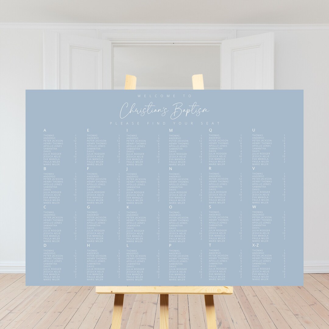 Dusty Blue WELCOME POSTER Editable Arch Seating Chart White Baptism ...