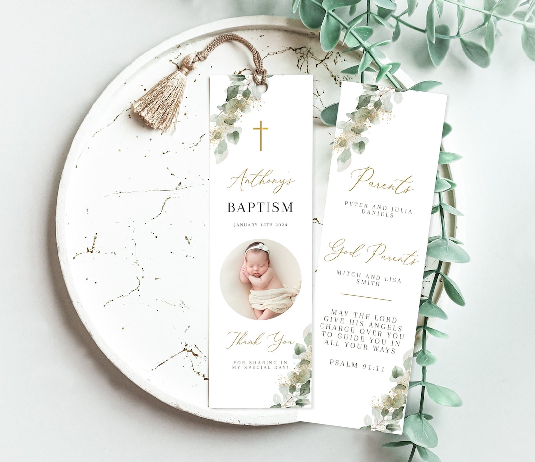 Baptism Bookmark Template, Personalized Baptism Bookmark, Eucalyptus ...