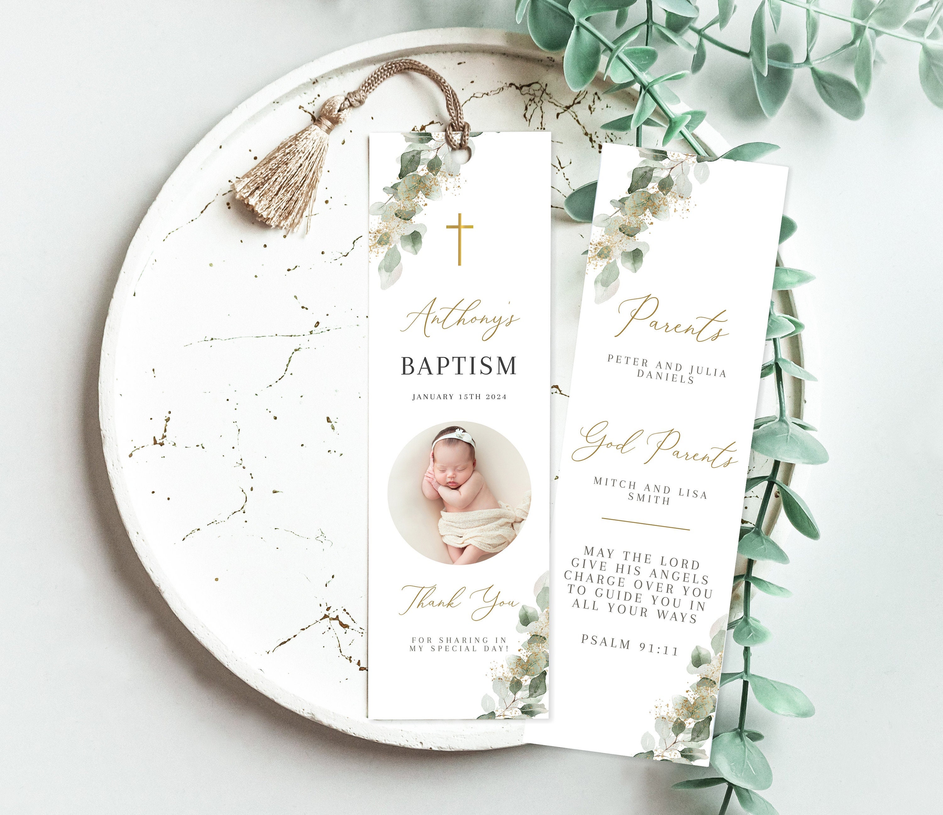 Baptism Bookmark Template, Personalized Baptism Bookmark, Eucalyptus ...