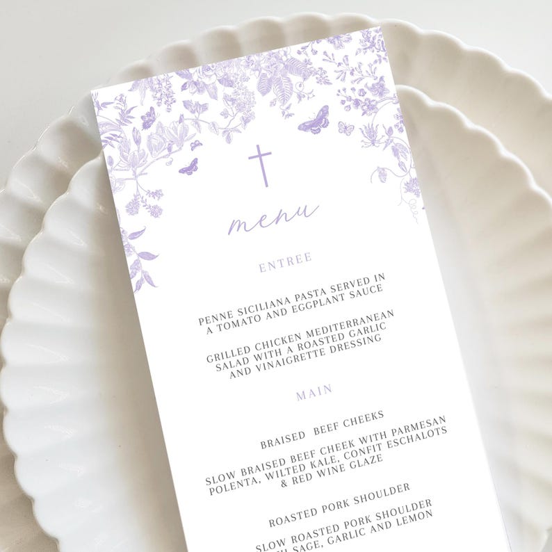 Purple Baptism Menu, Lavender Christening Menu, Religious Menu for ...