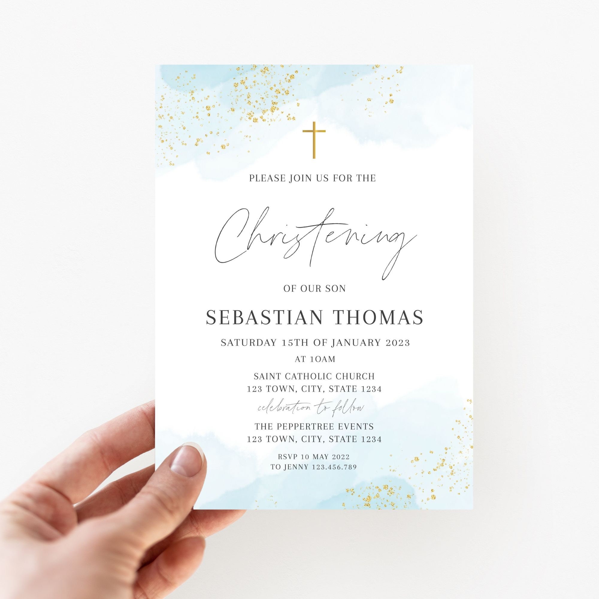 Christening Invitation Boy Template, Printable Light Baby Blue ...