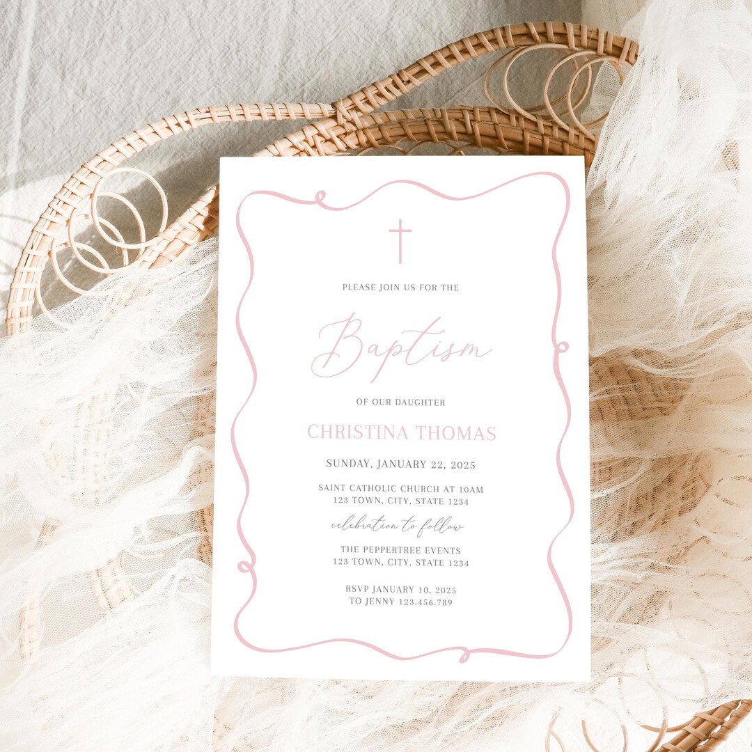 Pink Baptism Invitation Girl, Christening Invitation, Wave Baptism ...