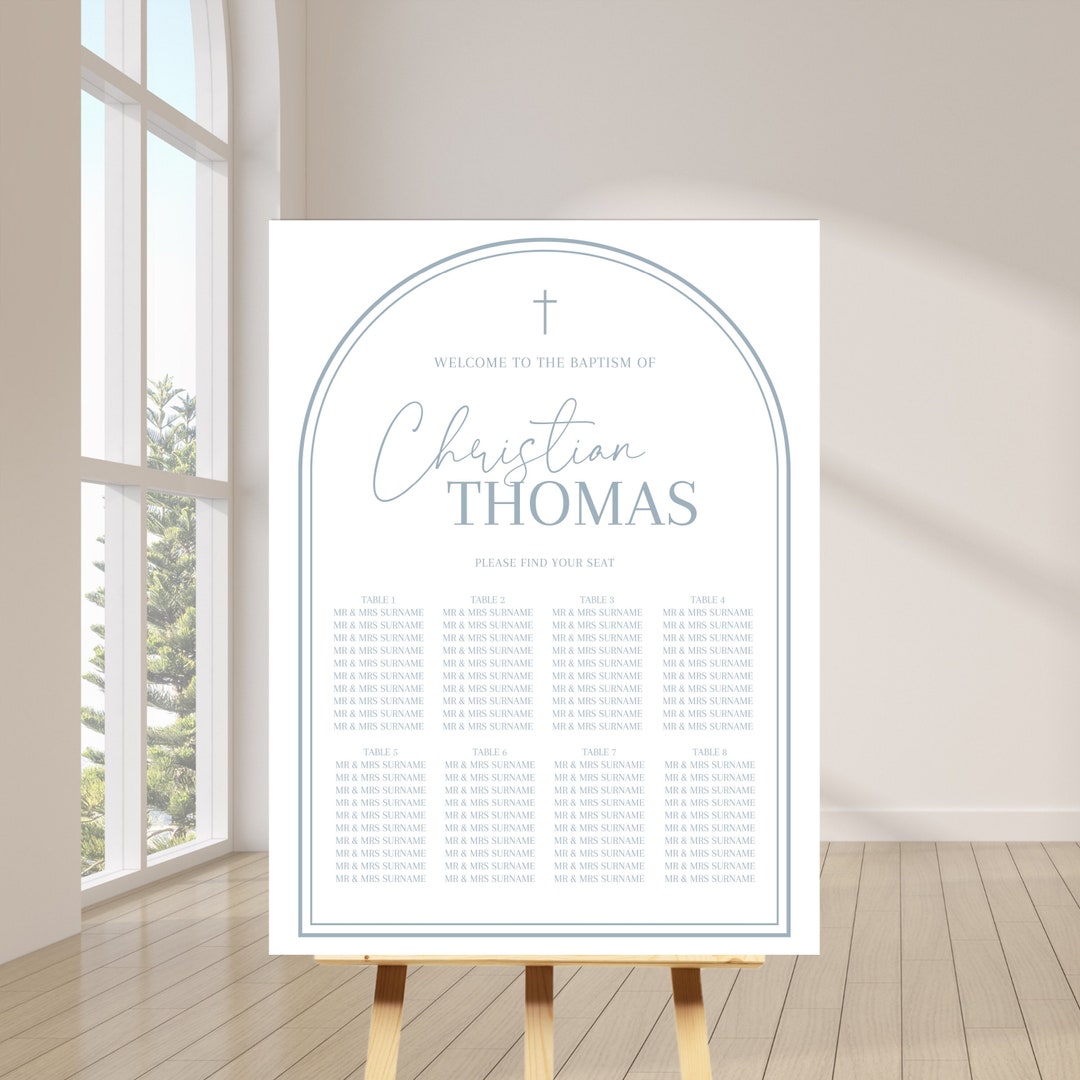 Dusty Blue WELCOME POSTER Editable Modern Seating Chart White Baptism ...